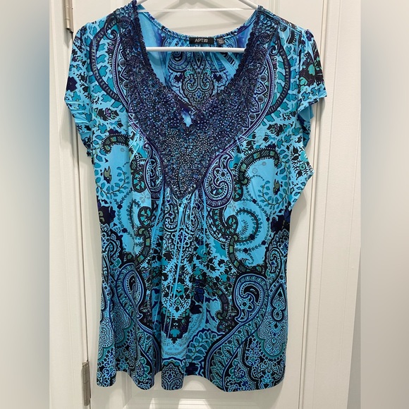 Apt. 9 | Tops | Apt 9 Teal And Navy Print Embellished Top | Poshmark